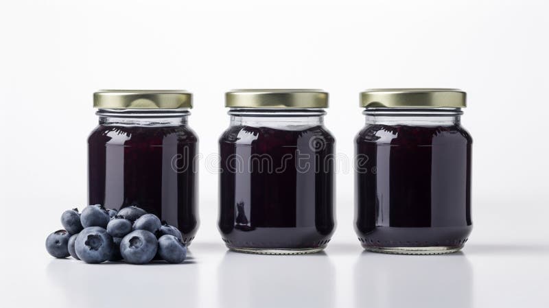 Blueberry Jam and Plump Blueberries Fruit Jars on White Background with ...