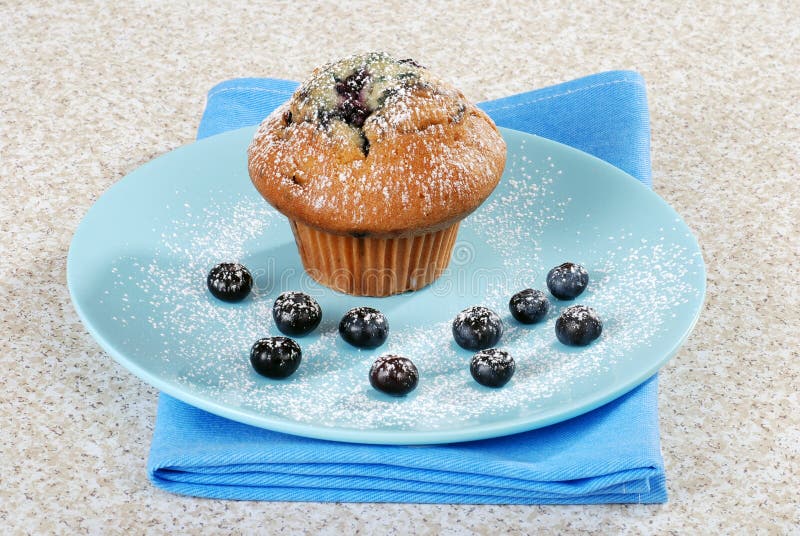 Blueberry Muffin on a Plate with Icing Sugar Stock Image - Image of ...