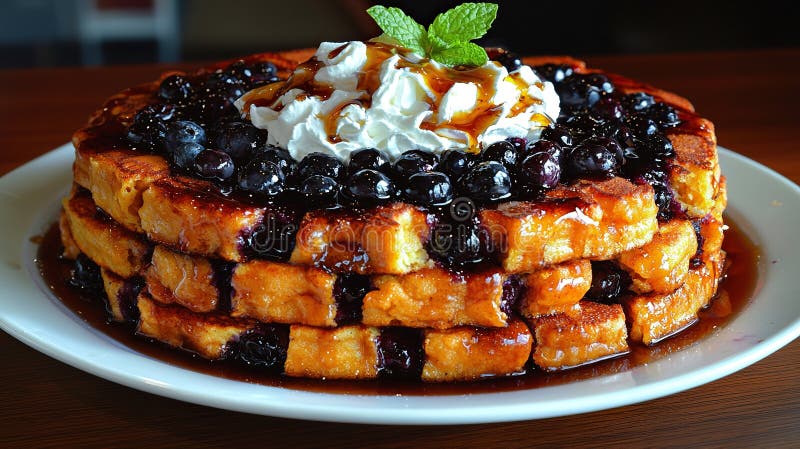 Blueberry Pancake Stack with Cream, Syrup, Mint on Table in Cafe Stock ...