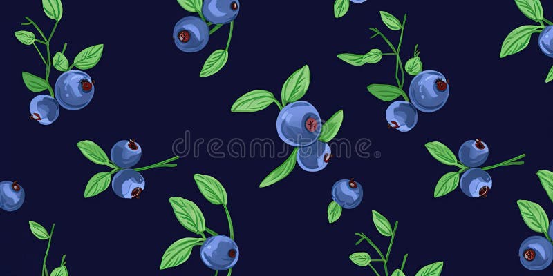 Blueberry Pattern with Leaves on Black Background, Pattern Design Stock ...