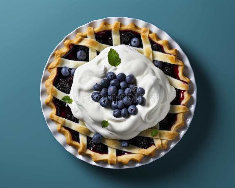 Blueberry Pie with Whipped Cream and Fresh Blueberries on a Blue ...