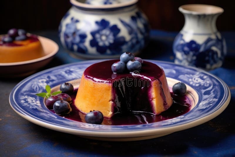 Blueberry Pudding on a Blue Ceramic Plate Stock Illustration ...