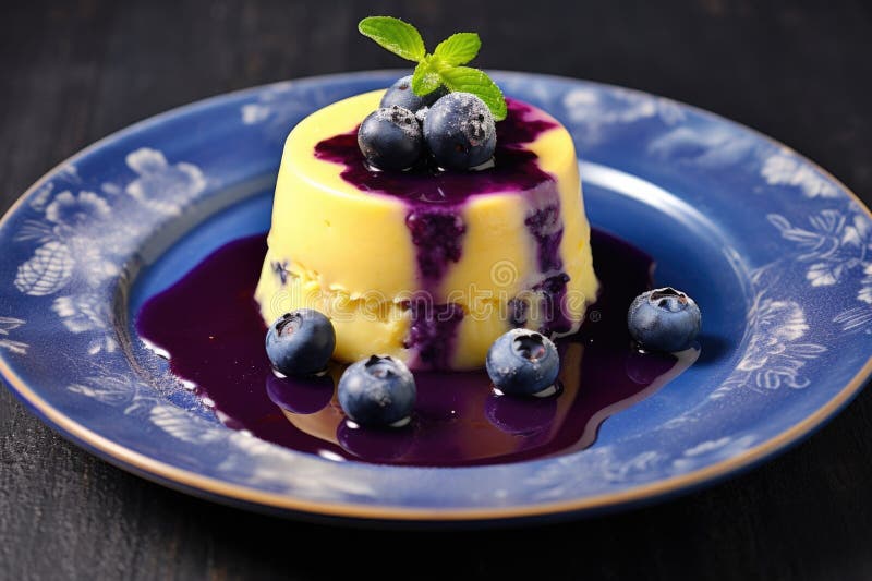 Blueberry Pudding on a Blue Ceramic Plate Stock Photo - Image of ...