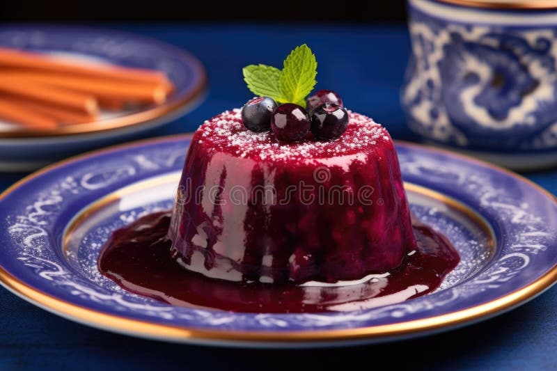 Blueberry Pudding on a Blue Ceramic Plate Stock Illustration ...