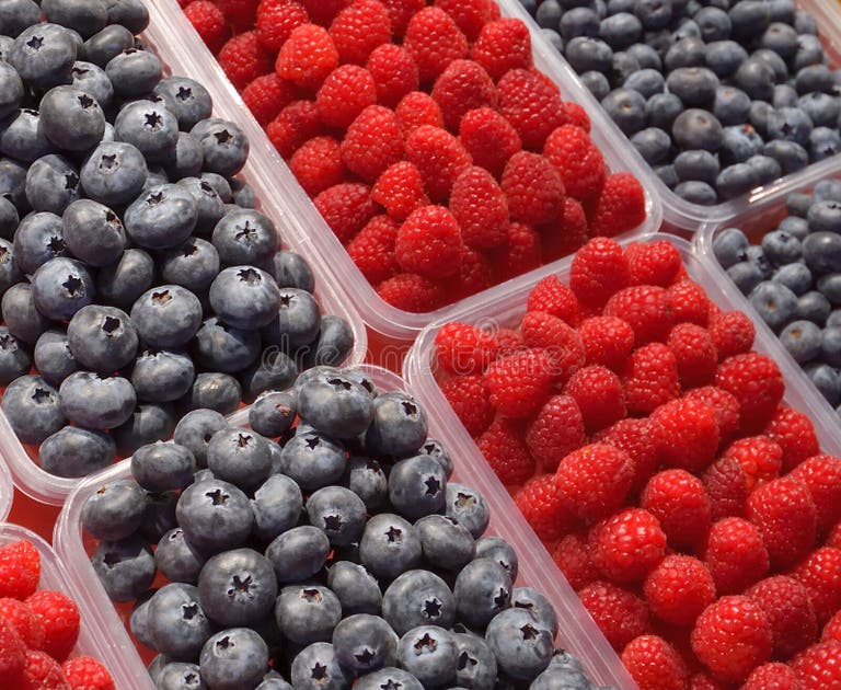 Blueberry and Raspberry Background in Plastic Trays Stock Photo - Image ...