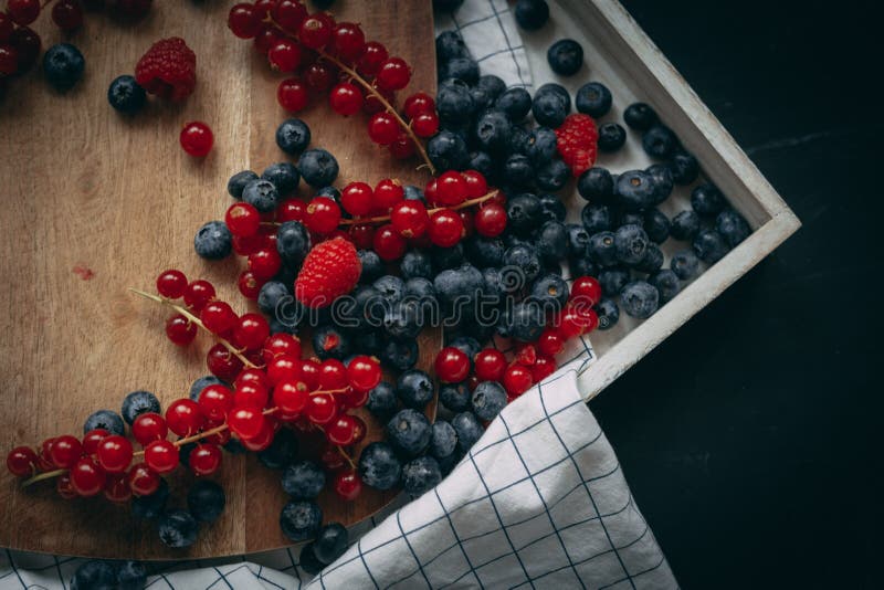 Blueberry Raspberry and Red Currant on the Dark Background Stock Image ...