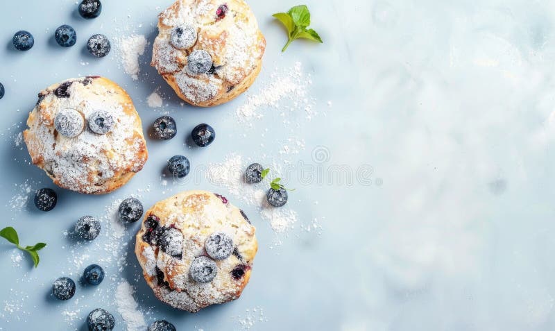 Blueberry Scones on a Light Blue Backdrop, Powdered Sugar, Fresh ...