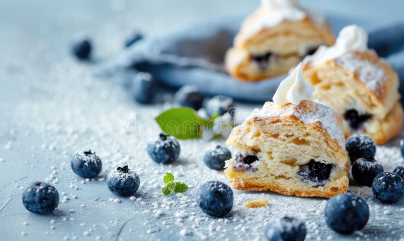 Blueberry Scones on a Light Blue Backdrop, Powdered Sugar, Fresh ...