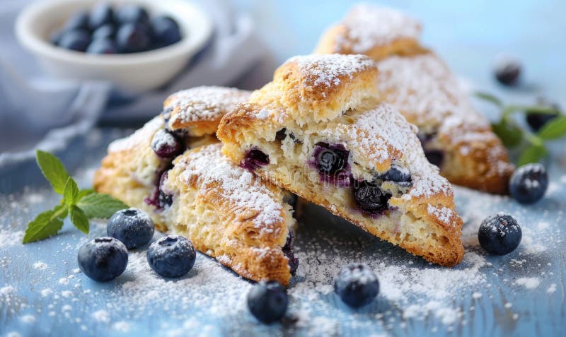 Blueberry Scones on a Light Blue Backdrop, Powdered Sugar, Fresh ...