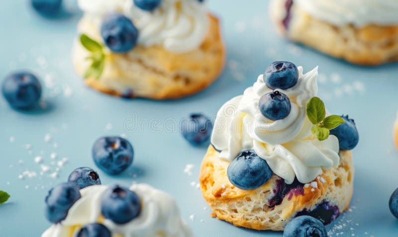 Blueberry Scones on a Light Blue Background, Fresh Blueberries, Whipped ...