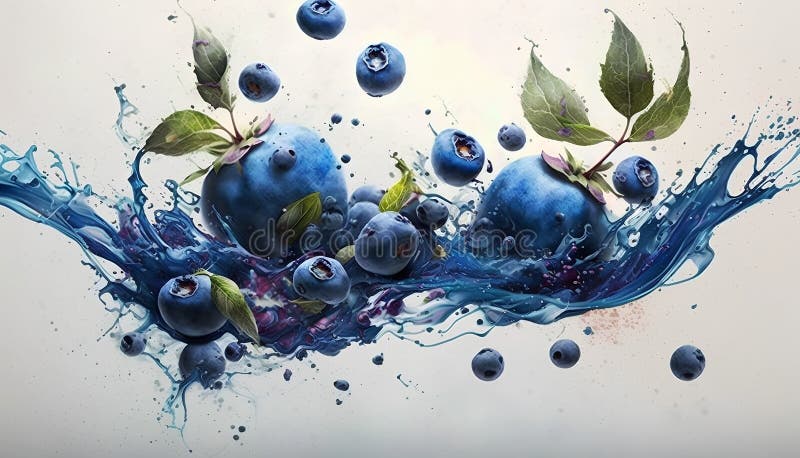 Blueberry Splash with Blueberries and Leaves on White Background. 3d ...