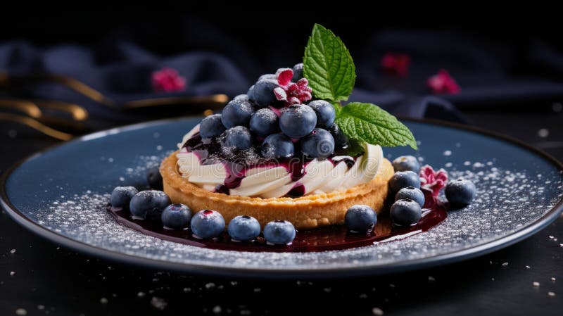 Blueberry Tartlet with Cream on a Blue Plate Stock Photo - Image of ...