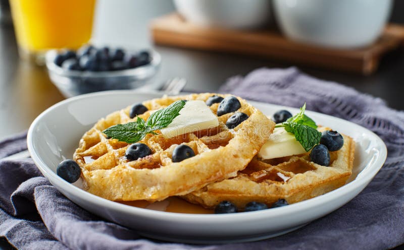 Blueberry Waffles with Mint Garnish Stock Image - Image of focus, green ...