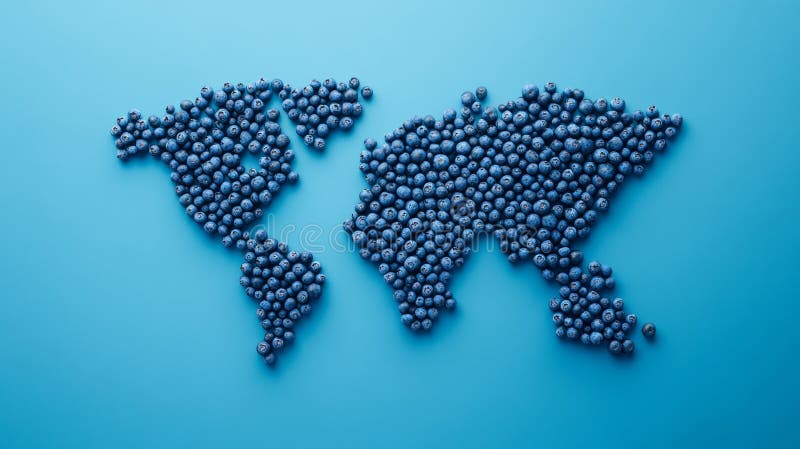 Blueberry World Map on Blue Background, Creative Food Art Concept Stock ...