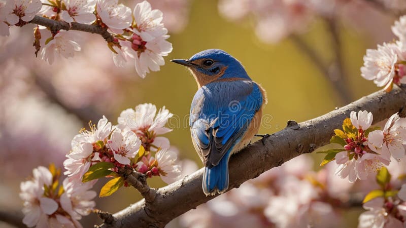 Vibrant Bluebird Perched on a Branch of Delicate Spring Blossoms Stock ...