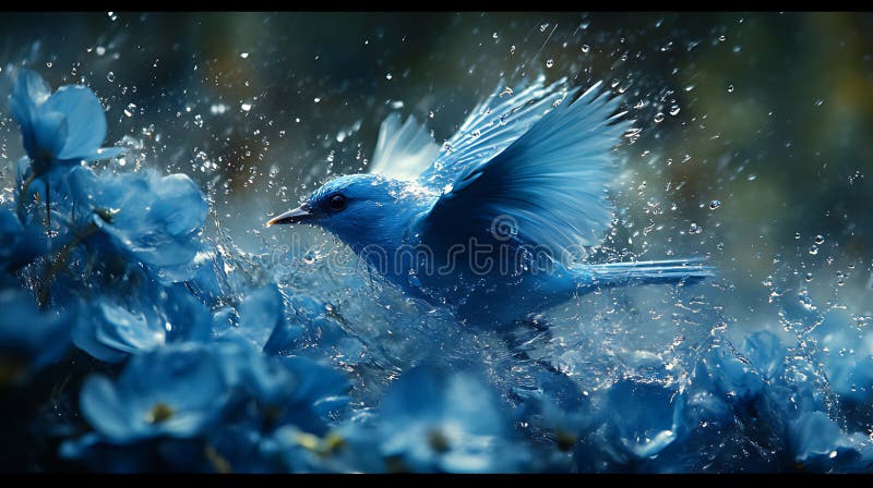 Bluebird Taking Flight, Rain, Flowers, Fantasy, Nature, Artwork Stock ...