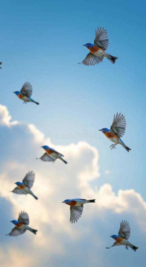 Bluebirds in Flight Against a Cloudy Sky Stock Illustration ...