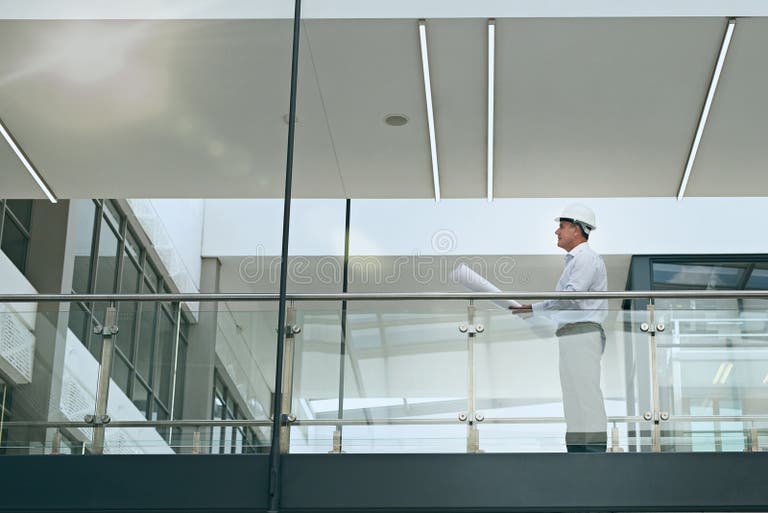 Blueprint, Architect and Man Planning at Construction Site for Office ...