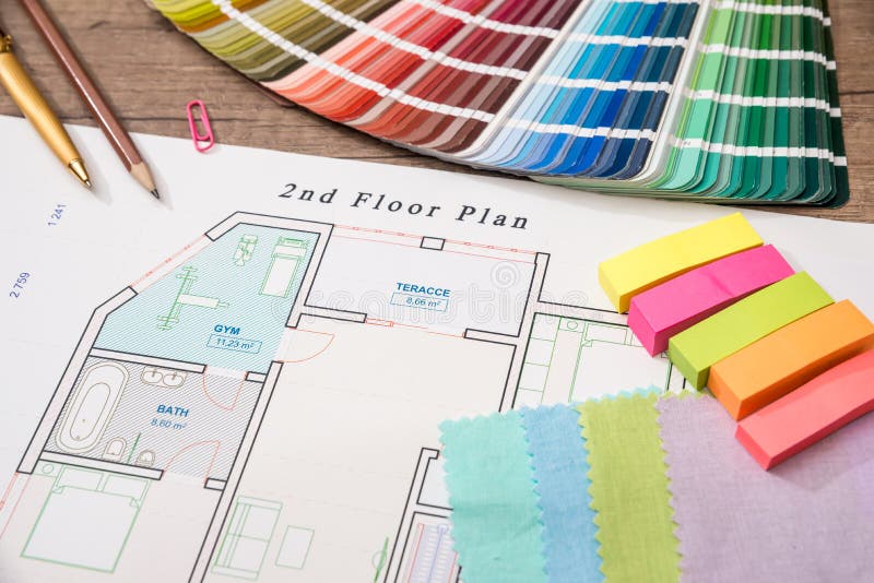 Blueprint of Architectural Drawing and Color Palette Stock Photo ...
