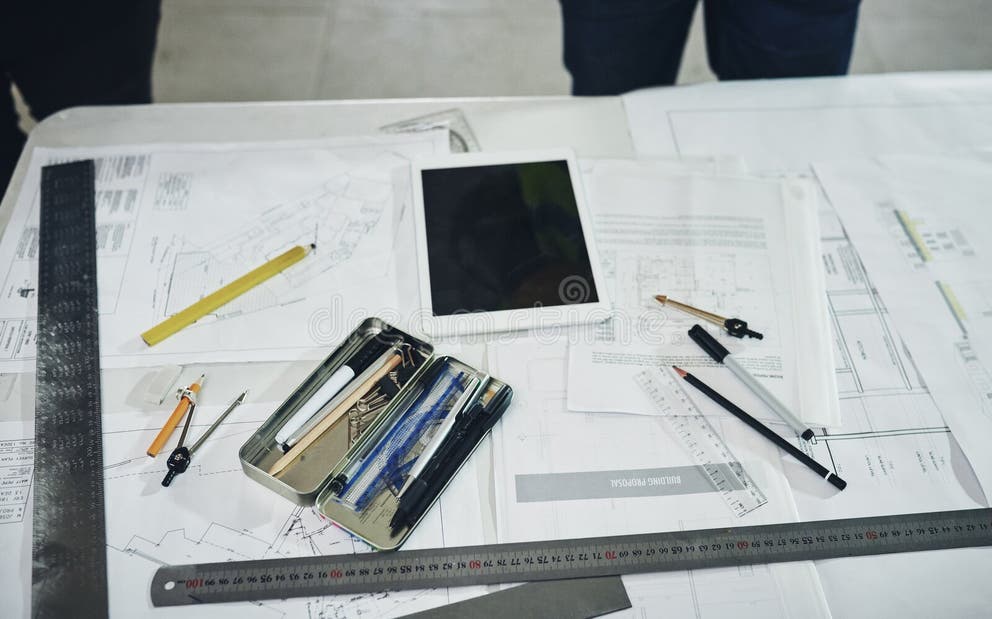 Blueprint, Architecture and Tools with Tablet, Tech and Stationary for Floor Plan and Industrial ...