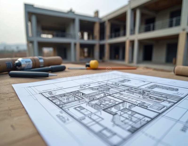 Blueprint of Building Under Construction on Table with Tools. Architectural Design Project Plan ...