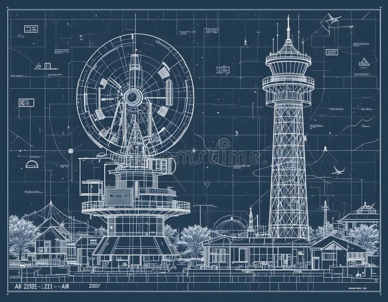 Blueprint of Communication Tower and Satellite Dish with Architecture ...
