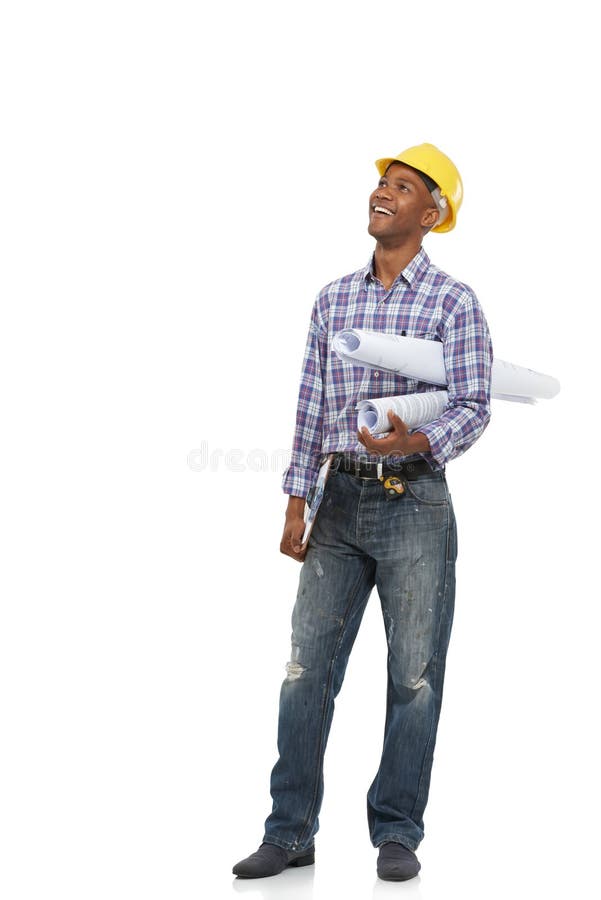Blueprint, Construction and Man on a White Background for Thinking ...
