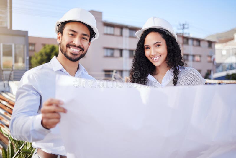 Blueprint, Construction Site or Engineering People Portrait in ...