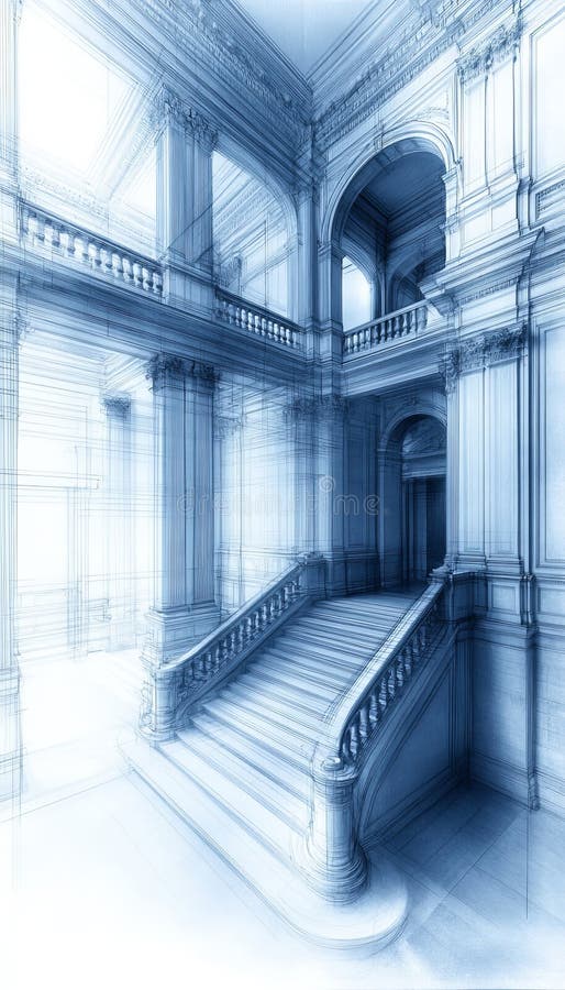 Blueprint Design of a Grand Staircase with Classic Architecture ...