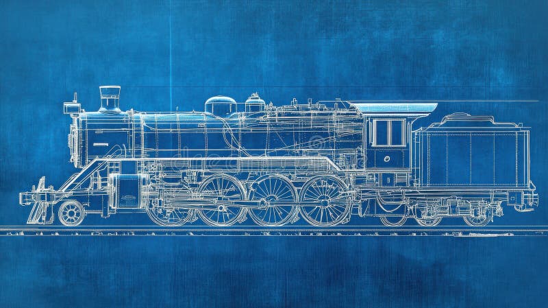 Blueprint Drawing of a Detailed Train Engine Design with Technical ...