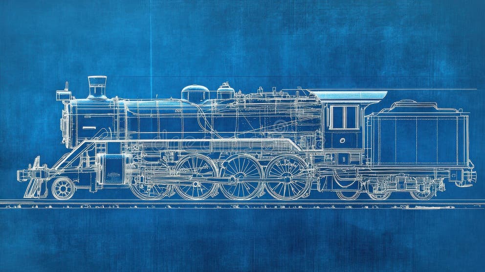Blueprint Drawing of a Detailed Train Engine Design with Technical ...