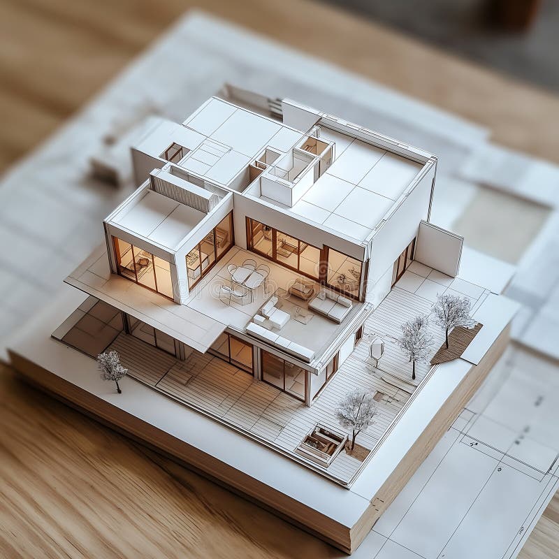 Blueprint, Drawing of a House with a Paper Model Stock Illustration ...