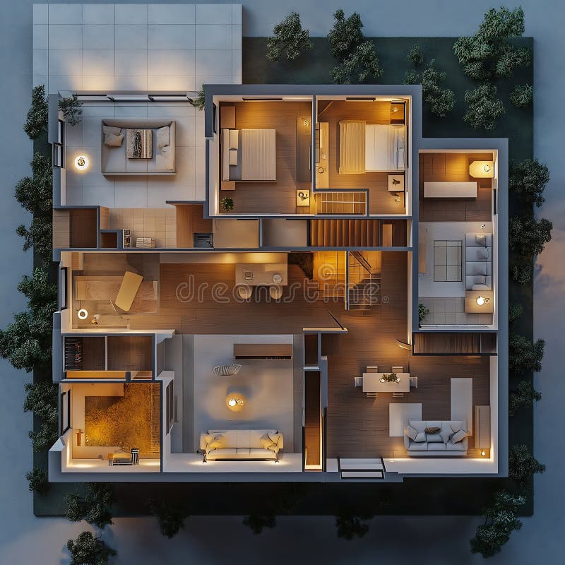 Blueprint, Drawing of a House with a Paper Model Stock Illustration ...