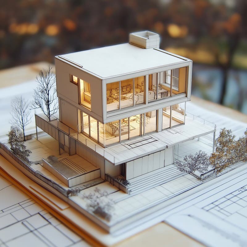 Blueprint, Drawing of a House with a Paper Model Stock Illustration ...