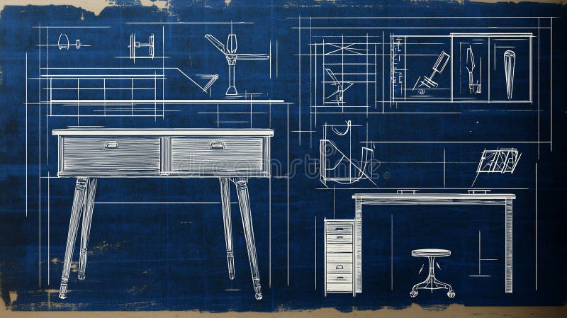 Blueprint Drawing Showcasing Steps for Creating a Modern Desk Design ...
