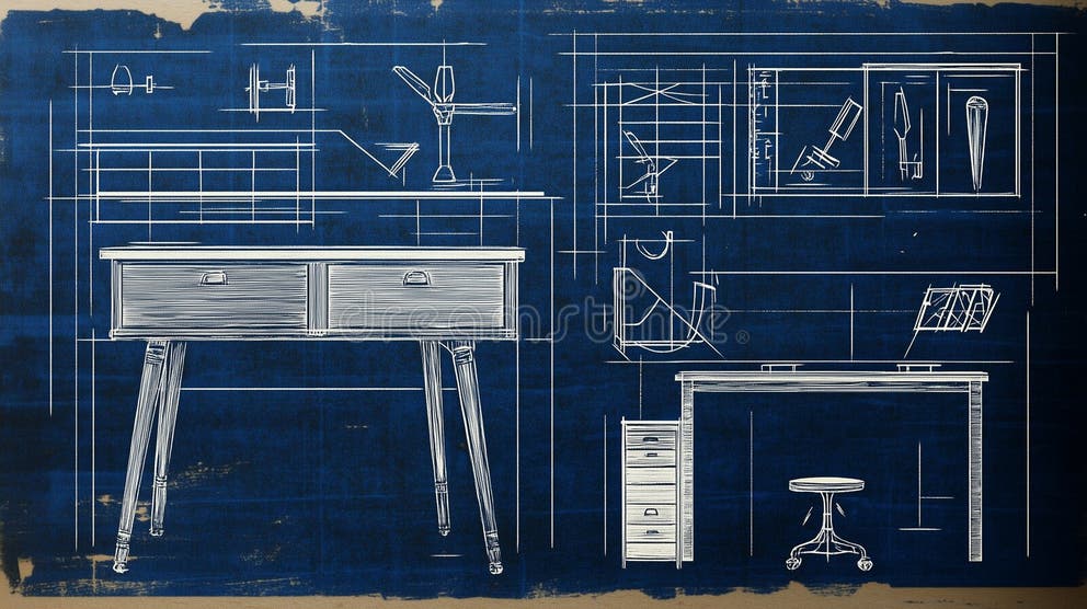 Blueprint Drawing Showcasing Steps for Creating a Modern Desk Design ...