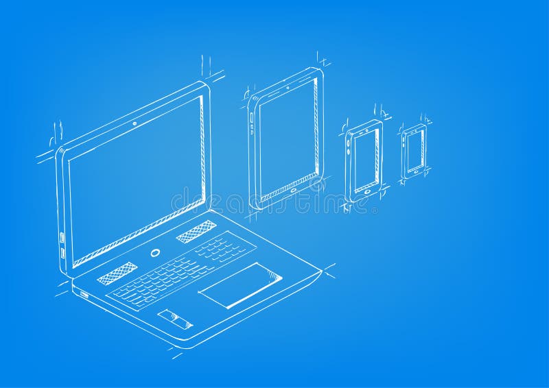 Blueprint Drawing Style Concept Artwork of Laptop, Tablet, Mobile ...