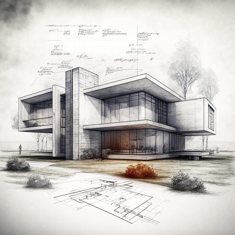 Blueprint Drawing of the Super Modern Facade of the Building. Stock ...