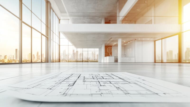 Blueprint Floor Plan in Modern Empty Open Plan Office, Architecture and ...