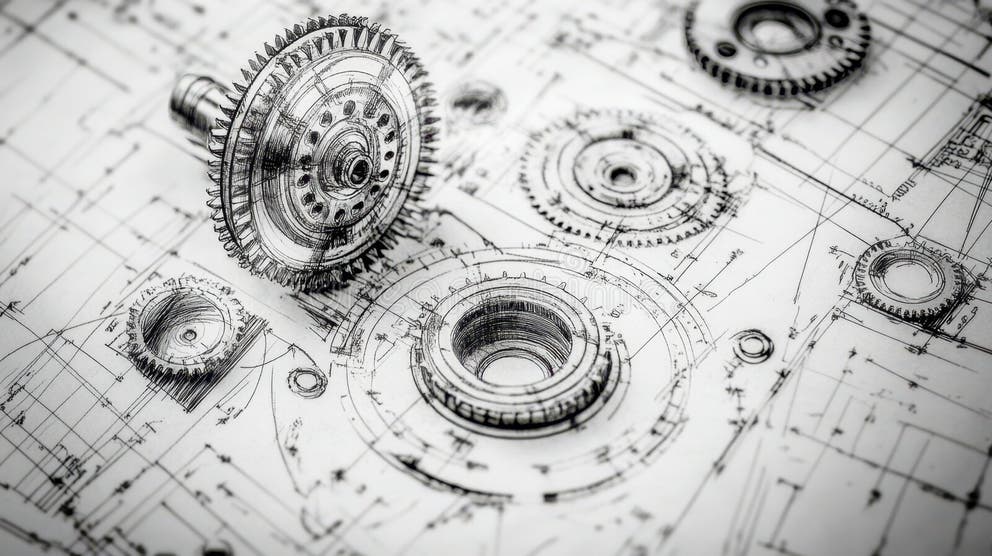 Blueprint of Gears and Cogs Industrial Background with Technical ...