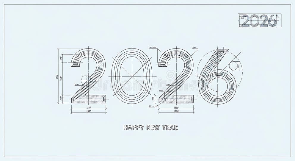 Blueprint Happy New Year 2026 Text with Technical Drawing on Light Blue ...
