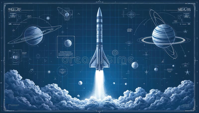 Blueprint Illustration Features Rocket with Technical Schematics ...
