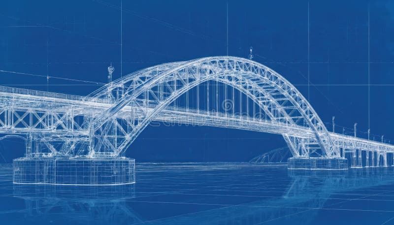 Blueprint Illustration of Suspension Bridge Intricate Framework, Clear ...