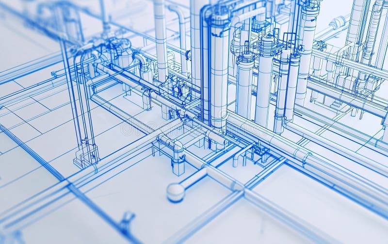 Blueprint of an Industrial Facility Showcasing Intricate Piping Systems and Structural Design in ...