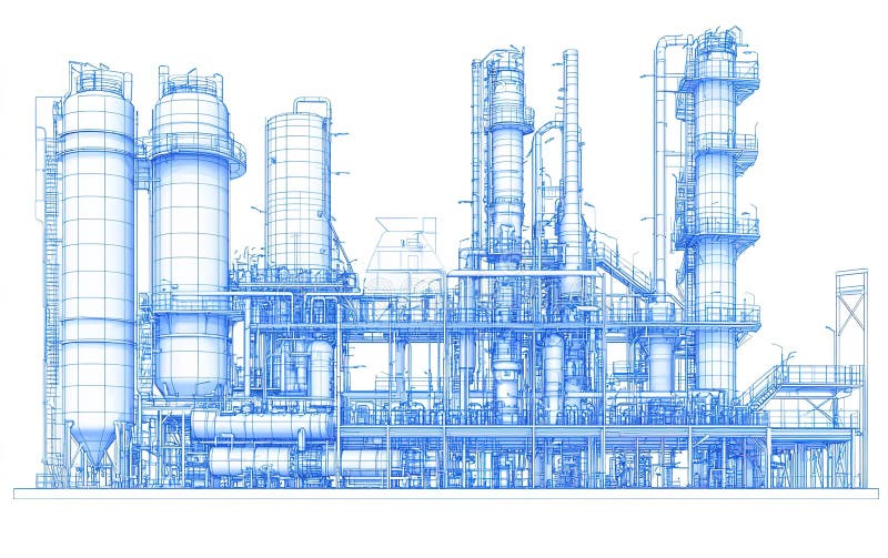 Blueprint of an Industrial Processing Plant Highlighting Complex Piping ...