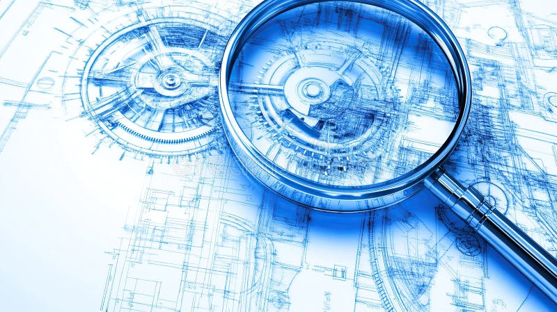 Blueprint Inspection Magnifying Glass on Engineering Drawings Stock ...