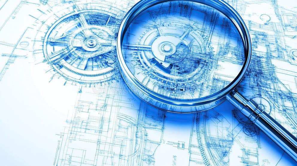 Blueprint Inspection Magnifying Glass on Engineering Drawings Stock ...