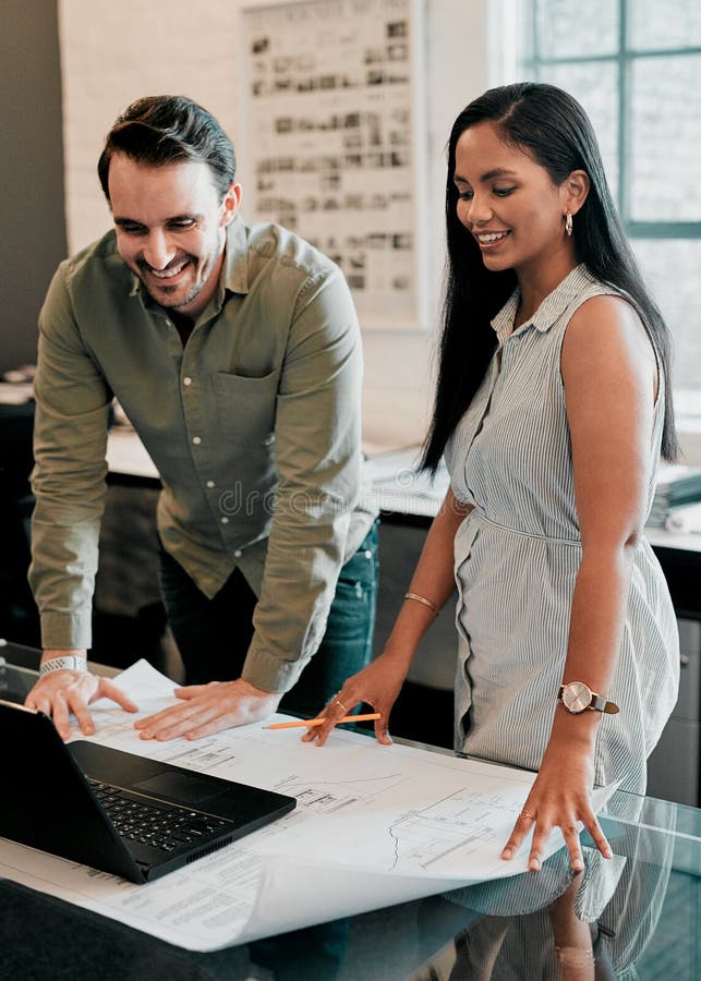 Blueprint, Laptop and Business People at Desk for Architecture, Project ...