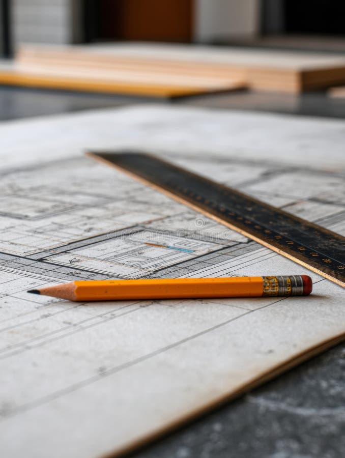 Blueprint Layout with Pencil and Ruler on Neutral Table Workspace for ...