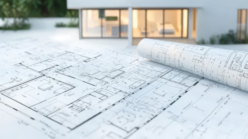A Blueprint Layout Rolls Out in Front of a Modern, Stylish House Under ...